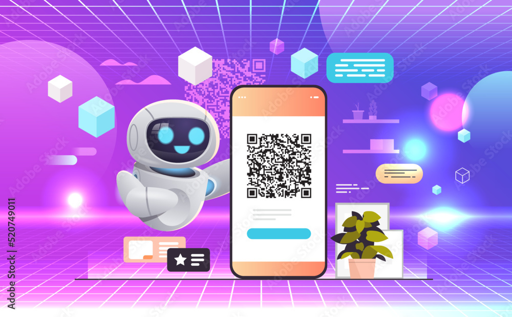 robot scanning QR code on smartphone screen readable barcode ...