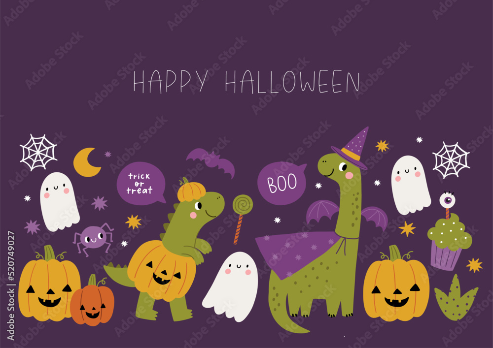 Happy Halloween cute Dinosaurs, pumpkins, spider, ghost, costumes ...