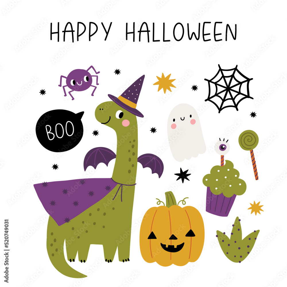 Happy Halloween cute Dinosaurs, pumpkins, spider, ghost, costumes ...