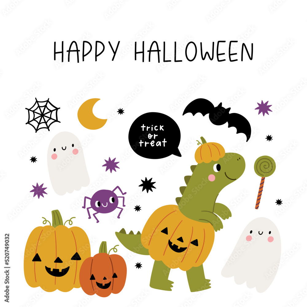 Happy Halloween cute Dinosaurs, pumpkins, spider, ghost, costumes ...