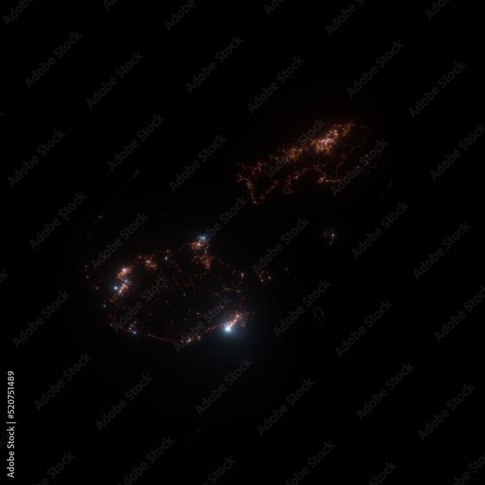Fiji street lights map. Satellite view on islands at night. Imitation ...