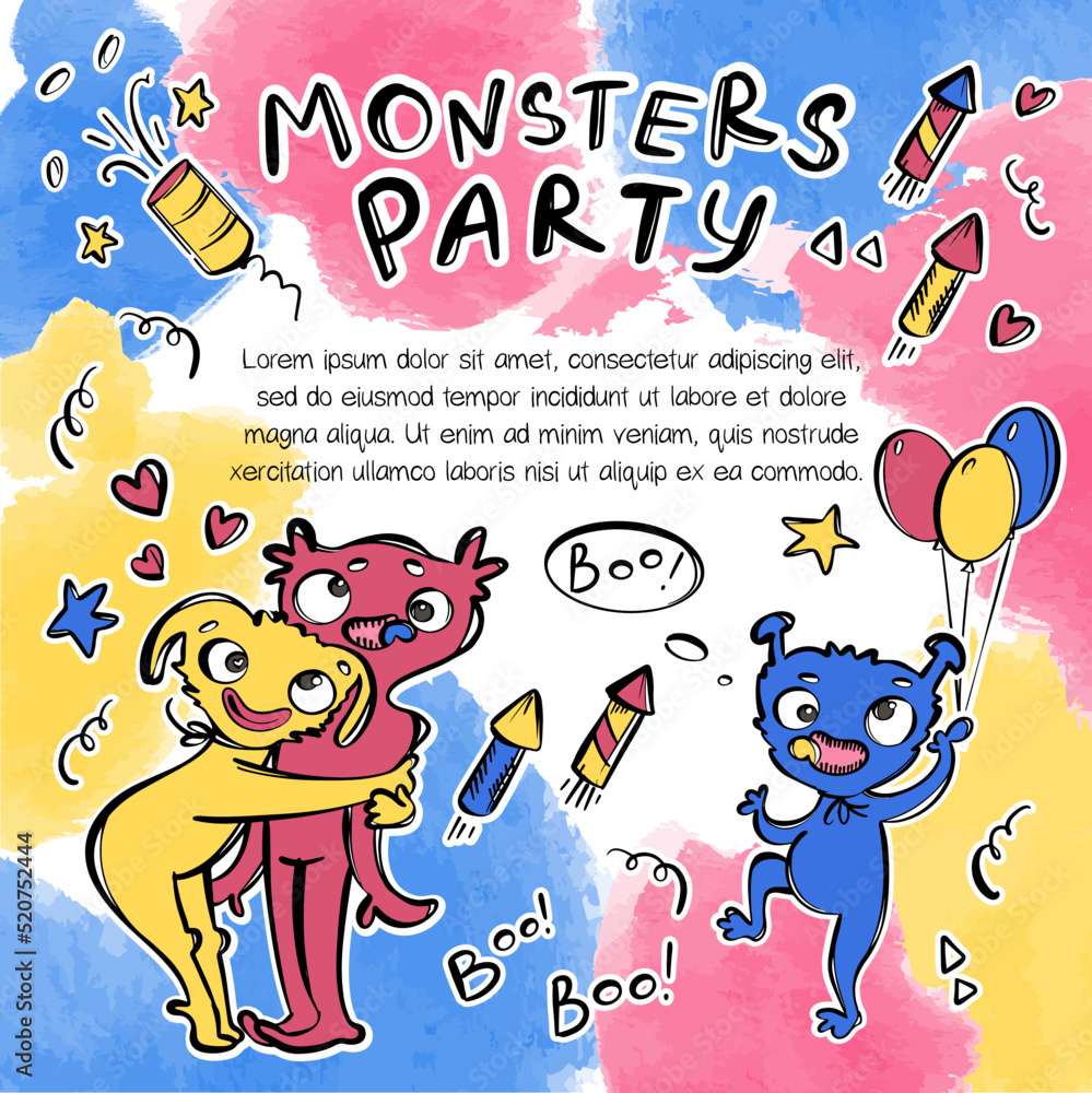 CUTE CARTOON MONSTERS INVITE Huggy Wuggy Birthday Party Hand Drawn ...