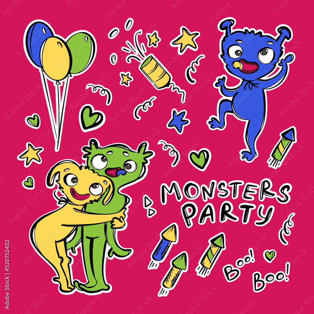 CUTE MONSTER CARTOON SET Huggy Wuggy Girl Hugs Her Friend Birthday ...