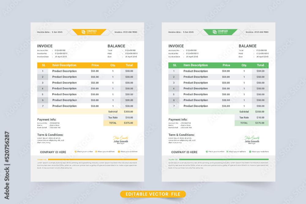Payment receipt template design with yellow and green color shade ...