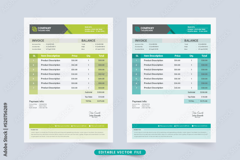 Payment receipt template design with yellow-green and cyan color ...