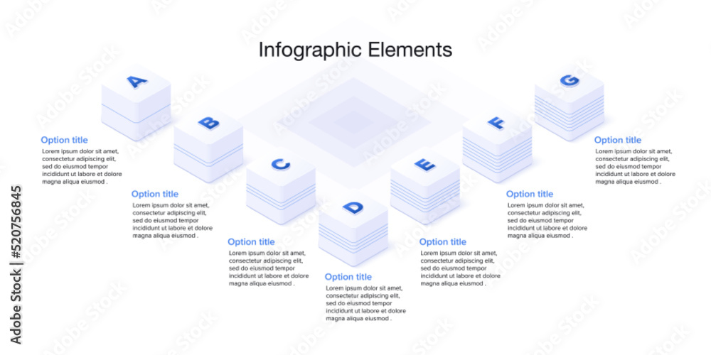 Business process chart infographics with 7 step cubes. Cubic corporate ...