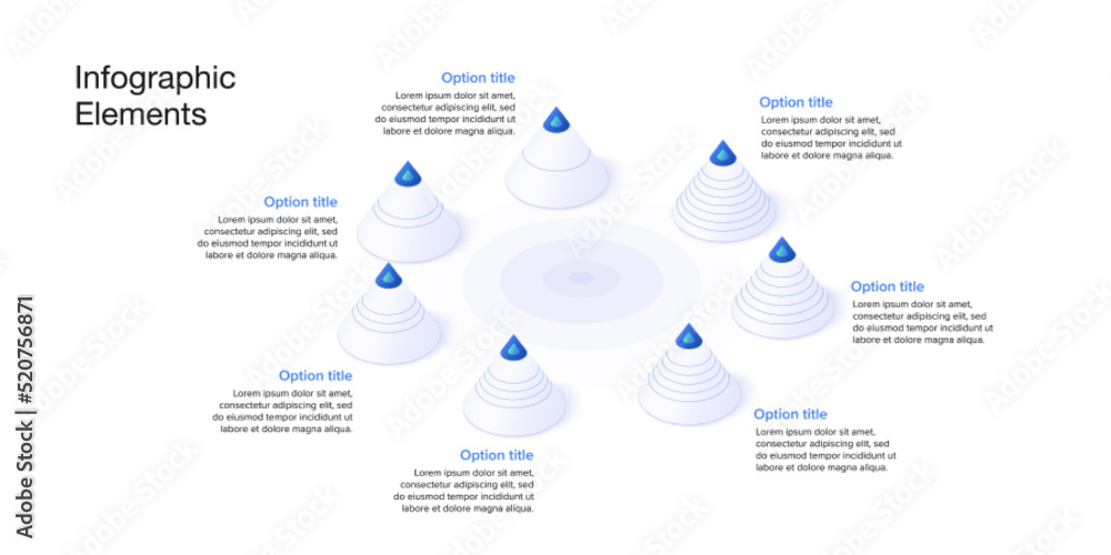 Business process chart infographics with 7 step cones. Cubic corporate ...