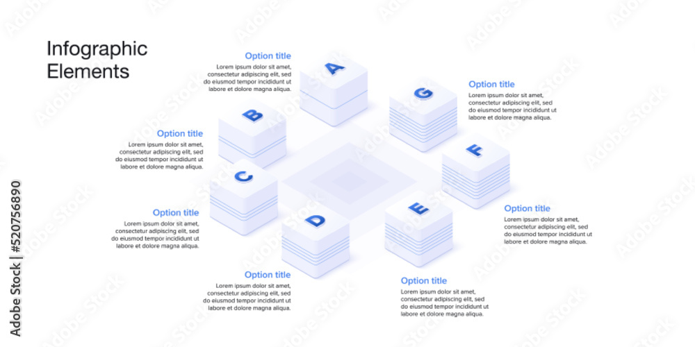Business process chart infographics with 7 step cubes. Cubic corporate ...