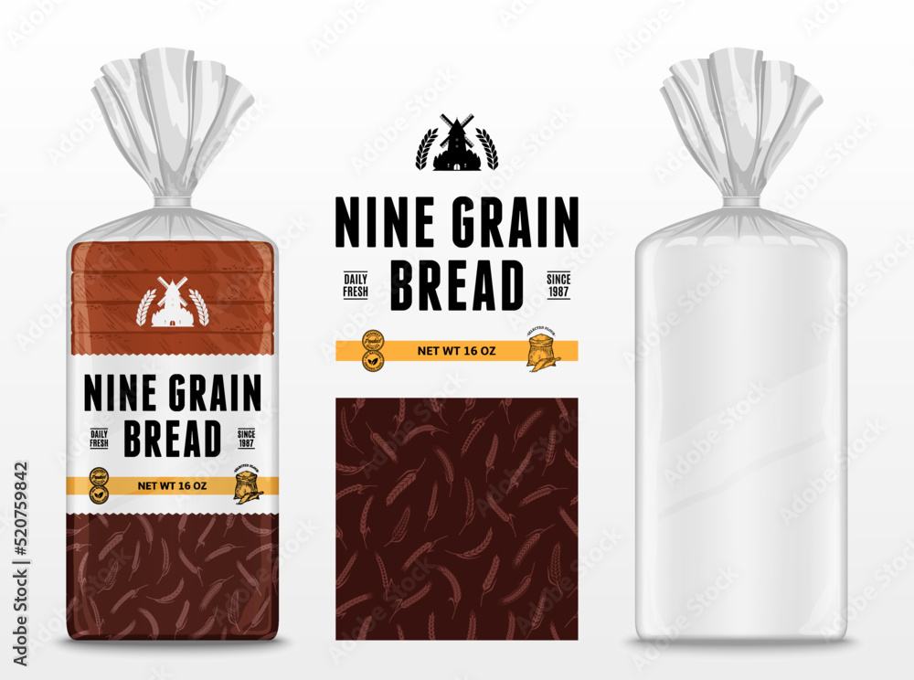 Vector bread packaging design template. Transparent plastic bag packaging mockup Stock Vector ...