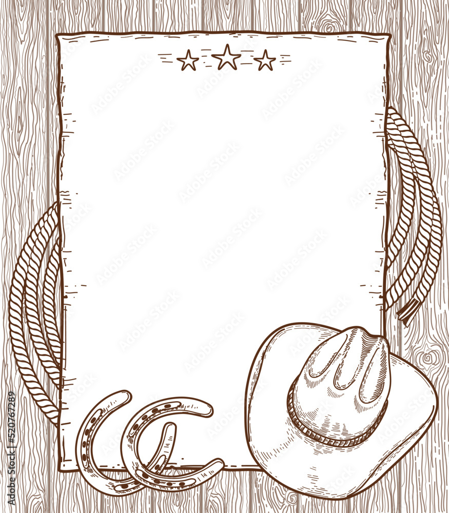 Cowboy paper background. Vector hand drawn illustration with cowboy hat ...