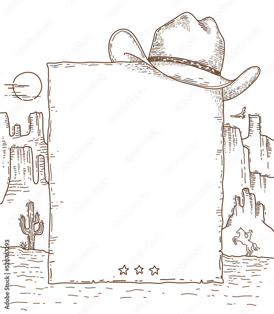 Wild West cowboy paper for text. Vector cowboy western hand drawn ...