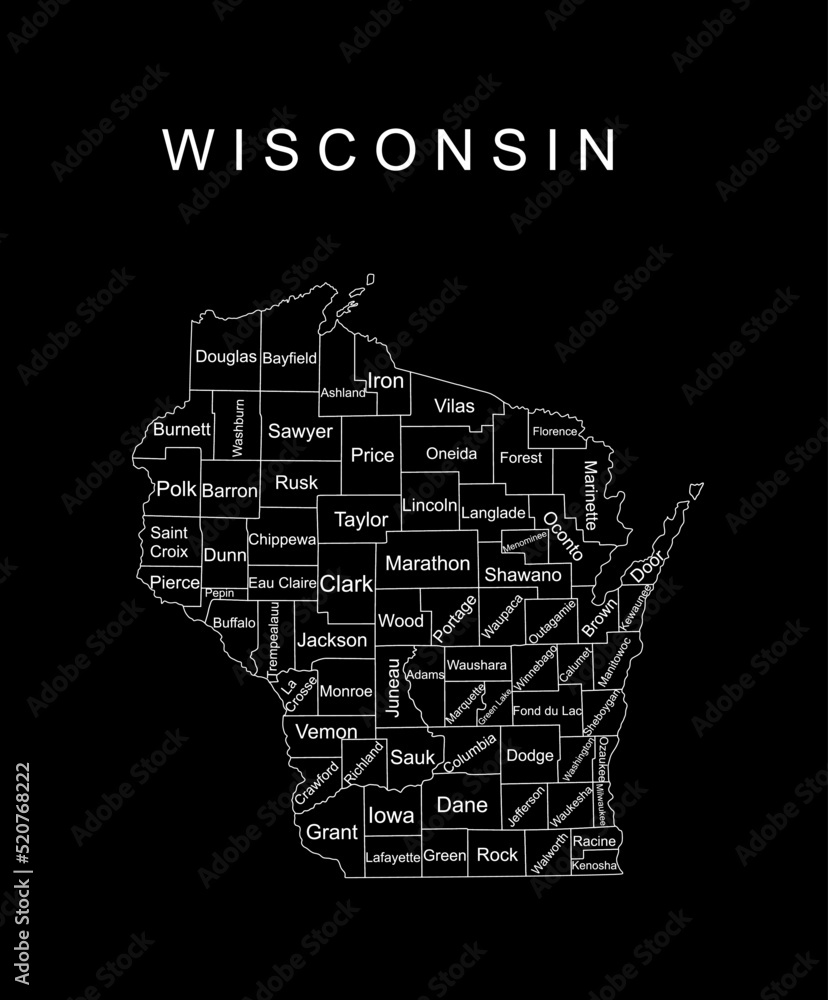 Wisconsin State vector map silhouette illustration isolated on black ...