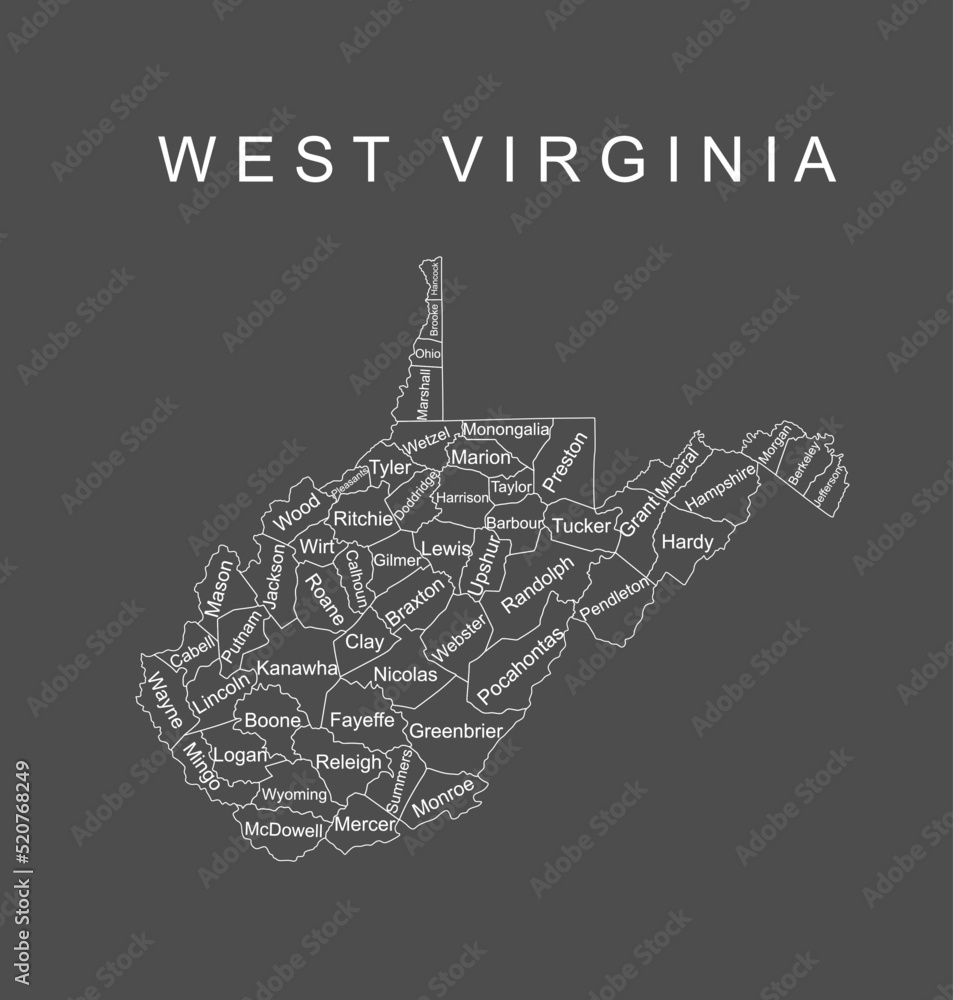 West Virginia vector map silhouette illustration isolated on gray ...