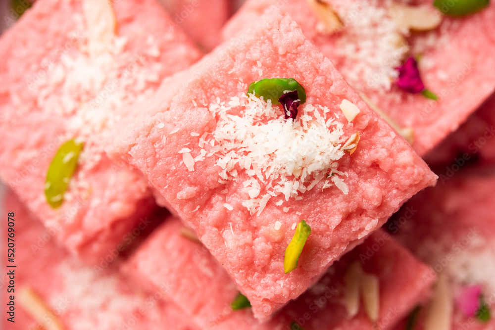 Rose Kalakand pink barfi or burfi also known as flavoured Mishri Mava ...
