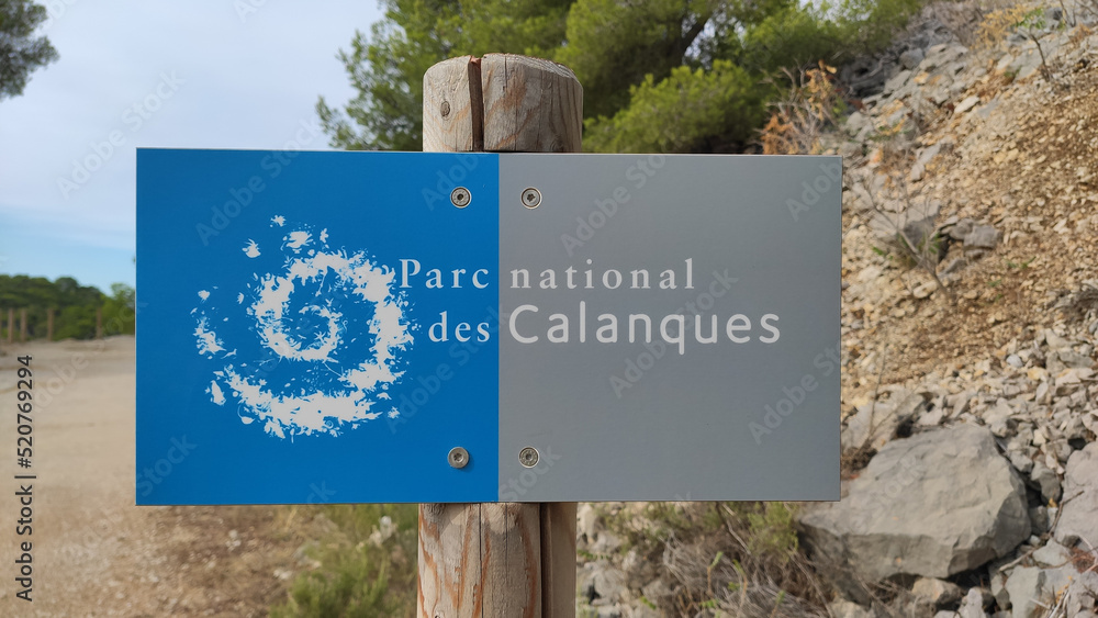 Cassis, France, October 5, 2021 - Blue colored signpost at the entrance ...