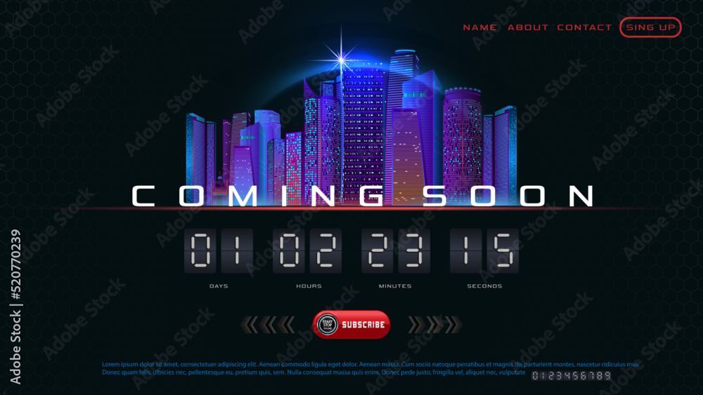 Opening text Coming soon on abstract dark background city silhouette with countdown timer ...