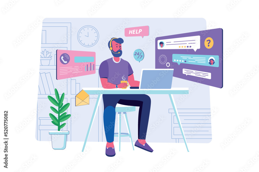 Technical support concept with people scene for web. Man in headset ...