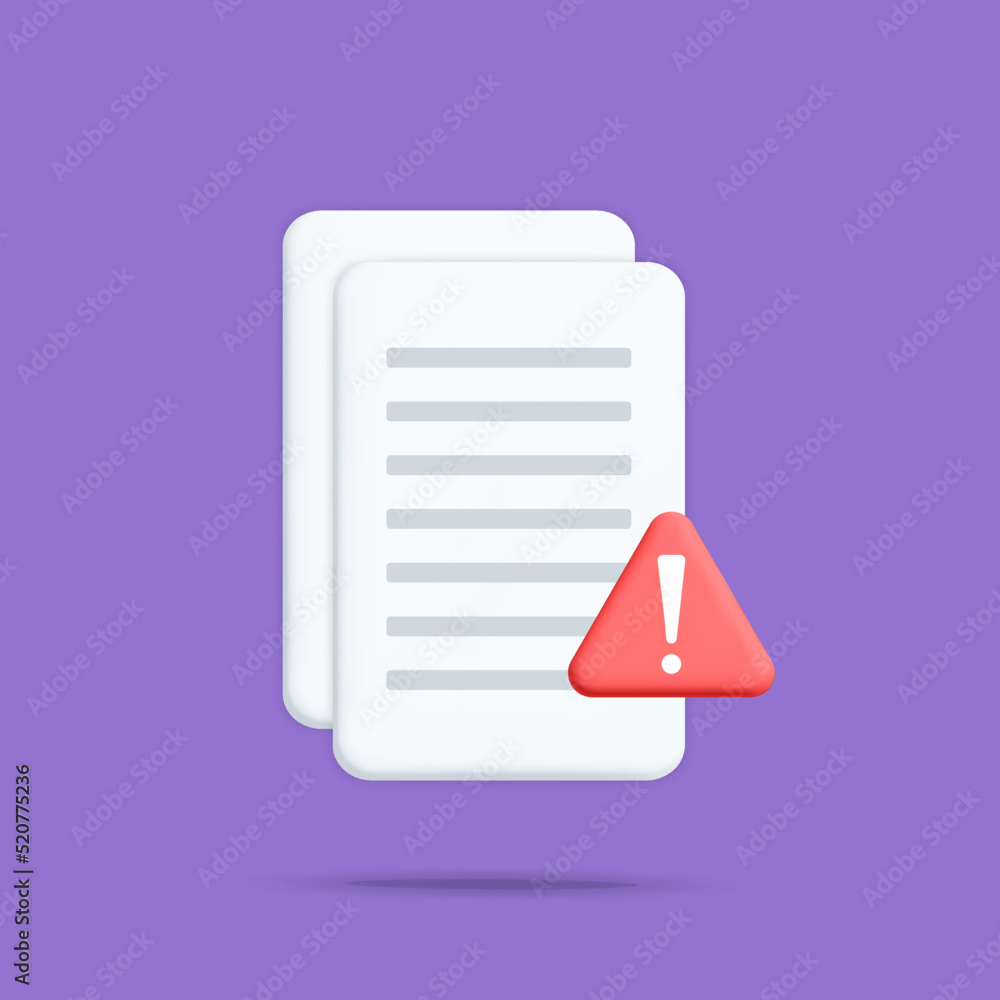 3d vector stack of paper sheets with red attention error, security ...