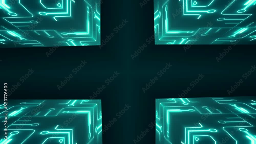 3D Animated Looped Circuit Board Room Floor and Ceiling blue neon grid ...