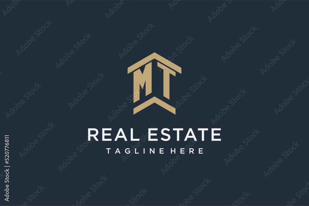 Initial MT logo for real estate with simple and creative house roof ...
