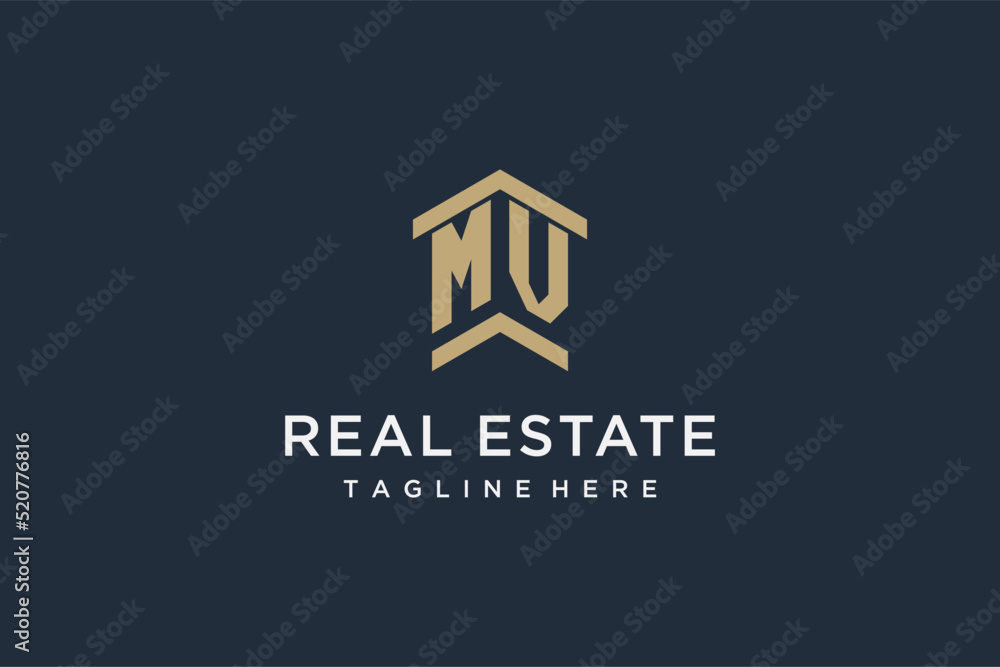Initial MV logo for real estate with simple and creative house roof ...