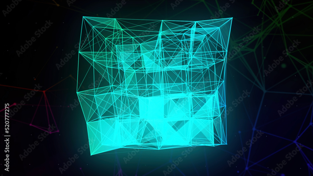 Artificial intelligence creating blue gradient plexus cubic 3D figure. Motion. Glowing beautiful ...