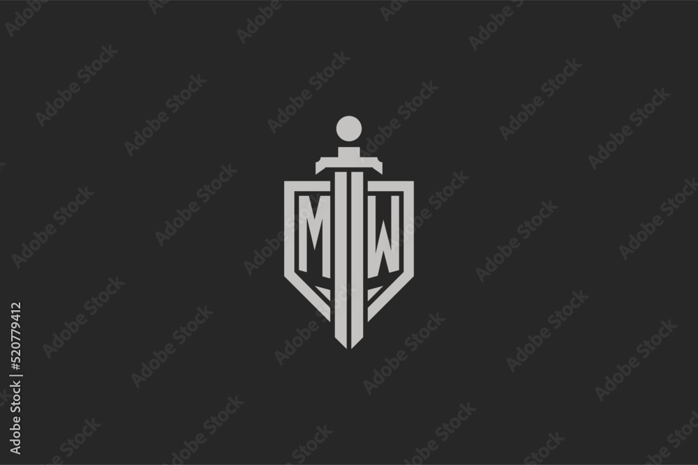 Letter MW logo with shield and sword icon design in geometric style ...