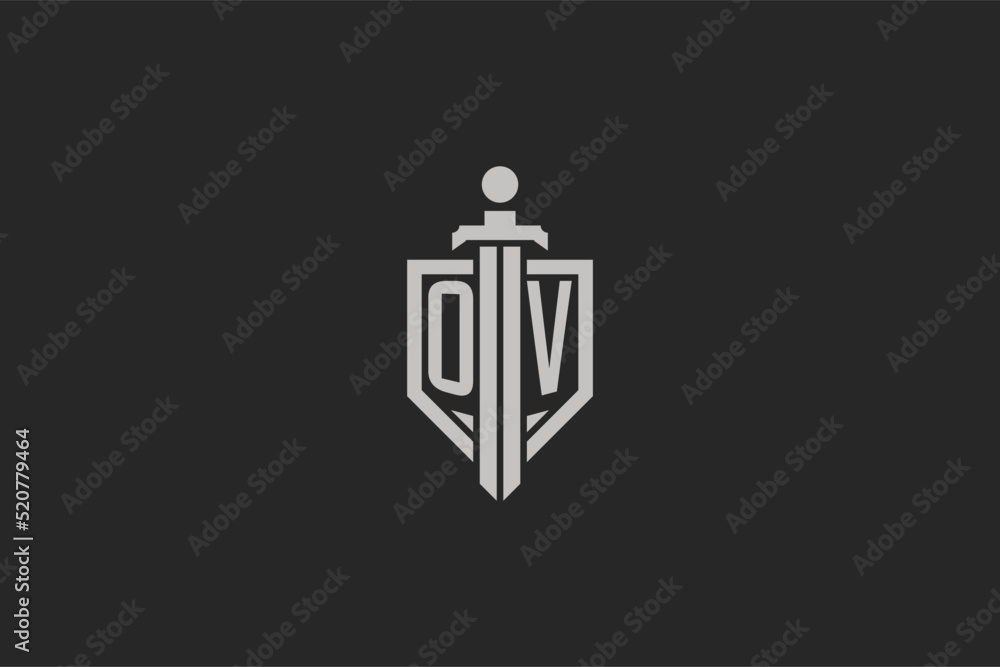 Letter OV logo with shield and sword icon design in geometric style ...