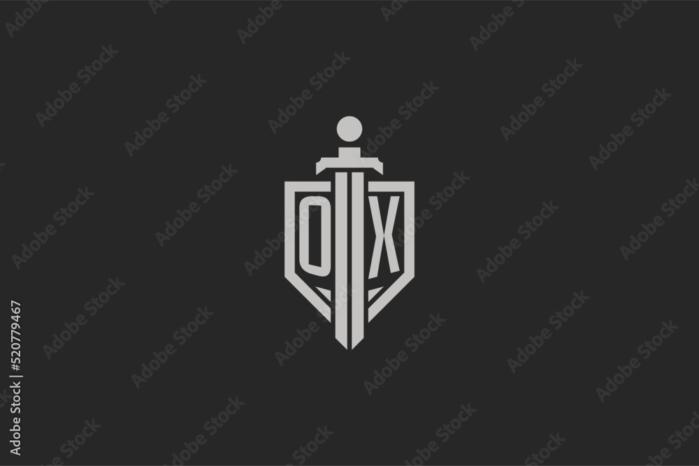 Letter OX logo with shield and sword icon design in geometric style ...