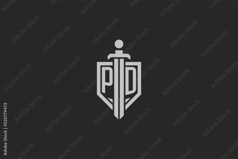 Letter PD logo with shield and sword icon design in geometric style ...