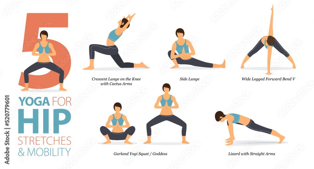 5 Yoga poses or asana posture for workout in hip stretch concept. Women ...