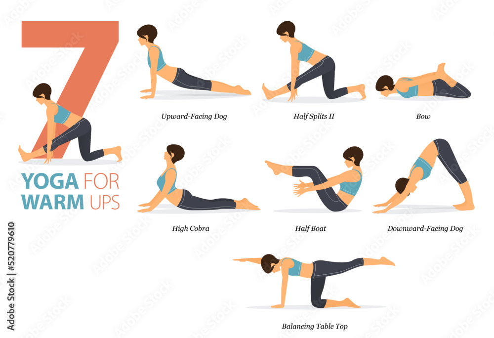 7 Yoga poses or asana posture for workout in warm ups concept. Women exercising for body ...