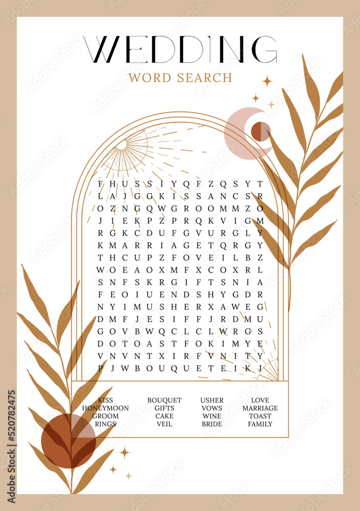 Boho (bohemian style) wedding word search puzzle. Bridal shower ...