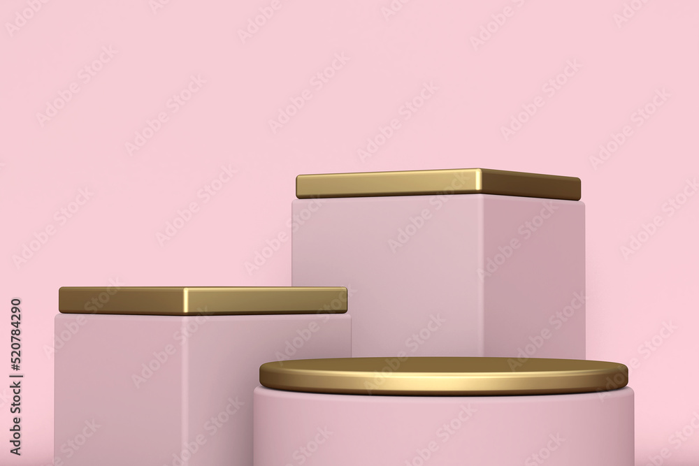 3d rendering pink step podium modern geometry with gold strip on the ...