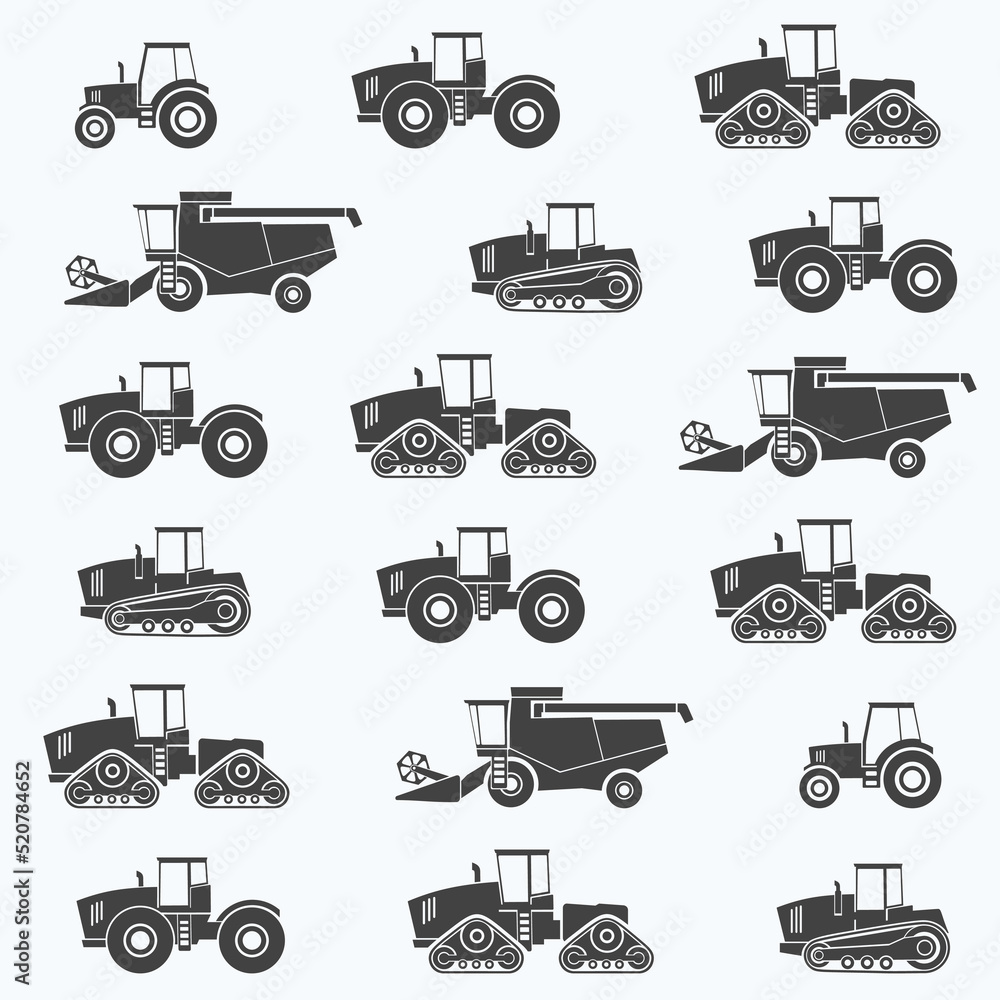 Agriculture and agricultural machinery vehicles flat icons collection ...