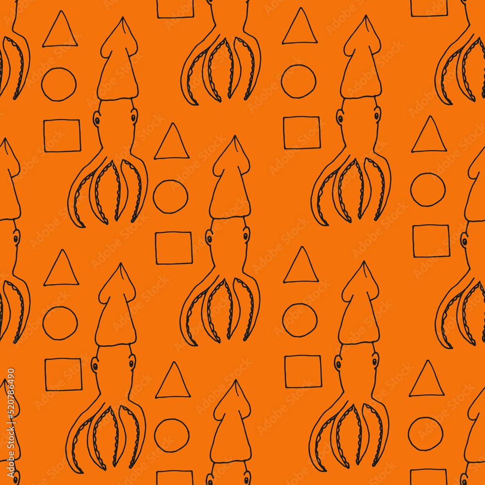 Seamless pattern with squid and geometric shapes. The background is a ...