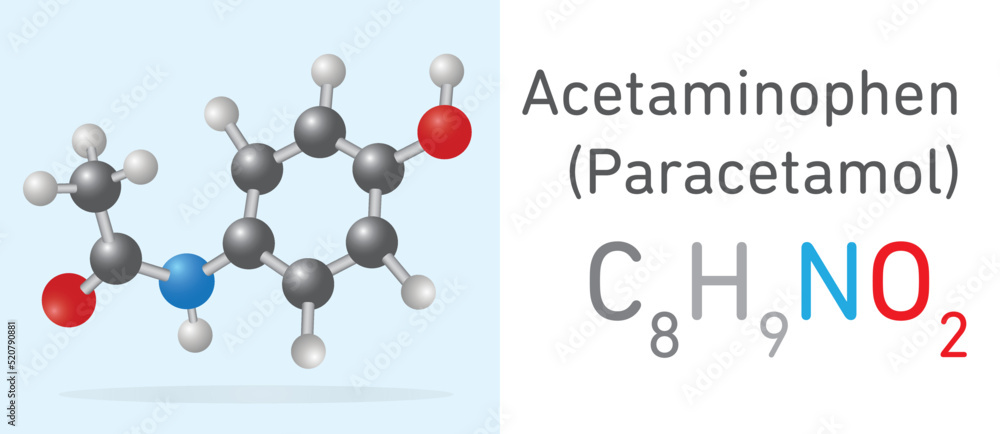 Acetaminophen (Paracetamol) C8H9NO2 molecule. Stick model. Structural ...