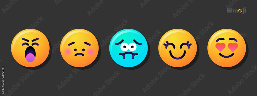 Round emoticons set. Yellow Emoji faces emoticon smile, digital smiley ...