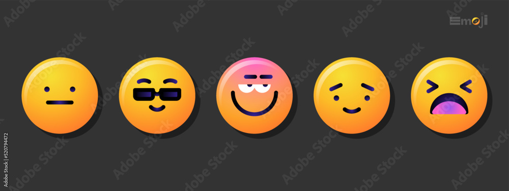 Round emoticons set. Yellow Emoji faces emoticon smile, digital smiley ...