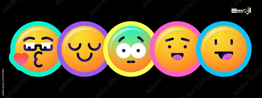 Round emoticons set. Yellow Emoji faces emoticon smile, digital smiley ...