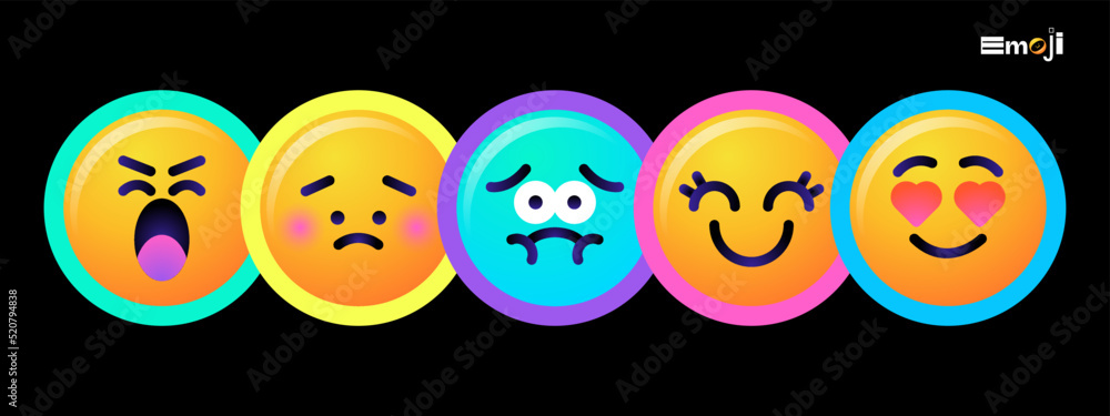 Round emoticons set. Yellow Emoji faces emoticon smile, digital smiley ...
