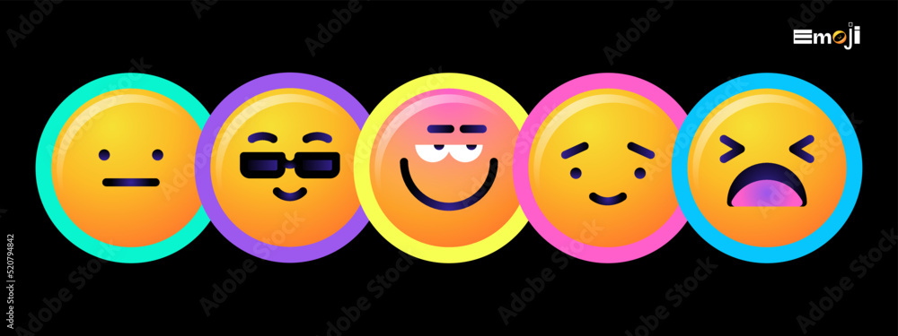 Round emoticons set. Yellow Emoji faces emoticon smile, digital smiley ...