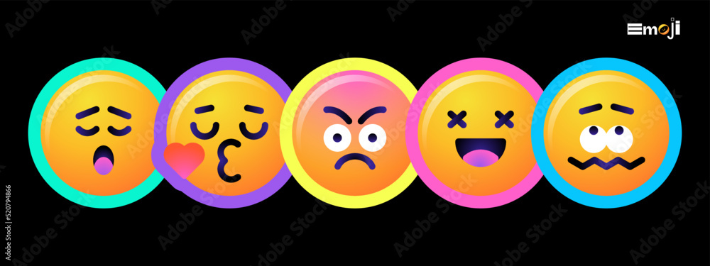 Round emoticons set. Yellow Emoji faces emoticon smile, digital smiley ...