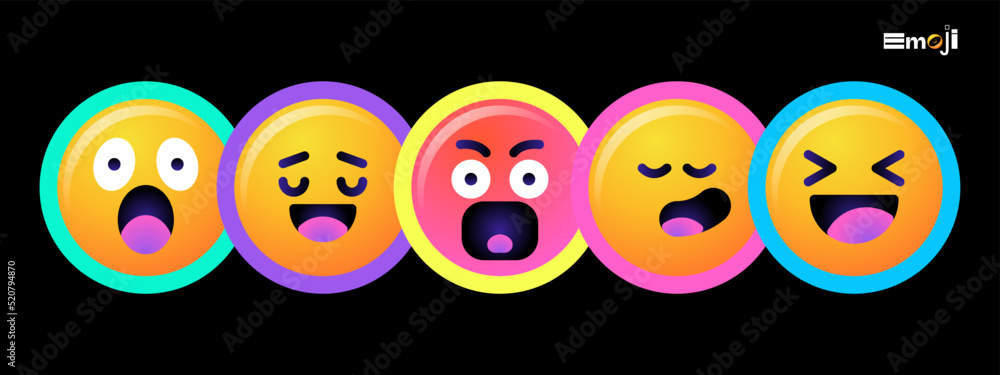 Round emoticons set. Yellow Emoji faces emoticon smile, digital smiley ...