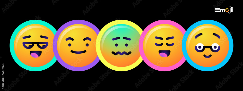Round emoticons set. Yellow Emoji faces emoticon smile, digital smiley ...