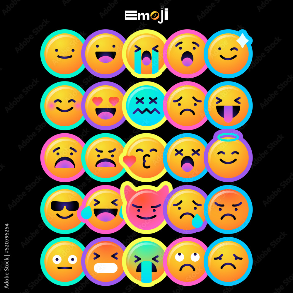 Round emoticons set. Yellow Emoji faces emoticon smile, digital smiley ...