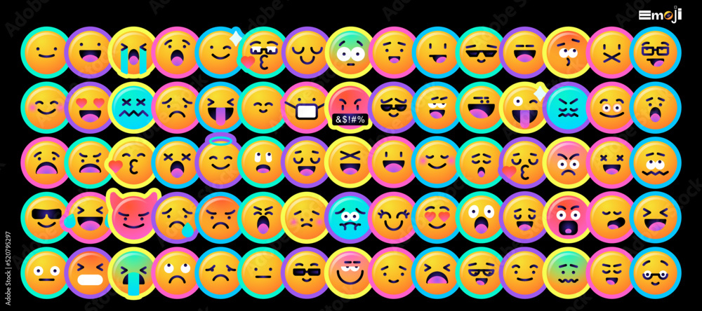 Round emoticons set. Yellow Emoji faces emoticon smile, digital smiley ...