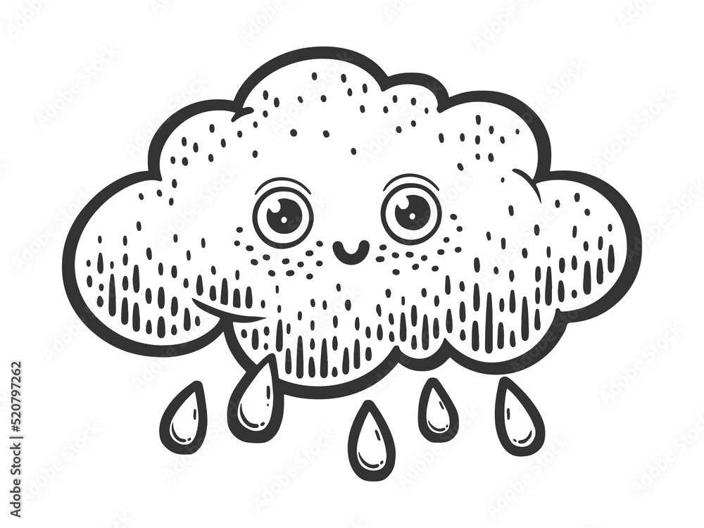 cartoon funny cloud with rain sketch engraving vector illustration ...