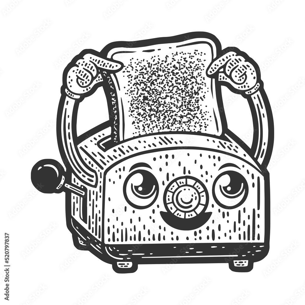 cartoon cute toaster inserts bread into itself sketch engraving vector ...