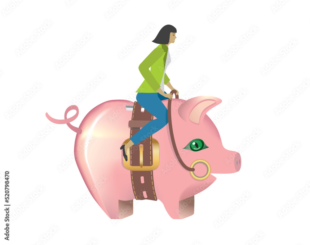 Woman riding on pink piggy bank, coin bank. The pig having a belt ...